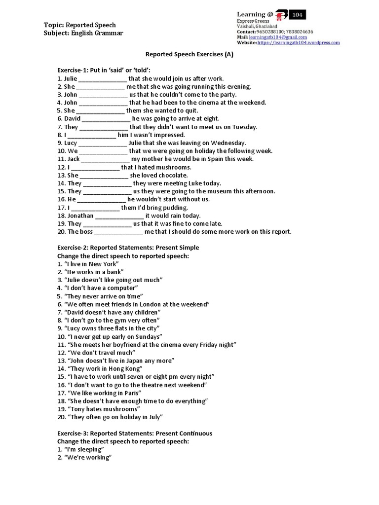 Reported Speech Exercise A | PDF | Social Science | Language Arts ...