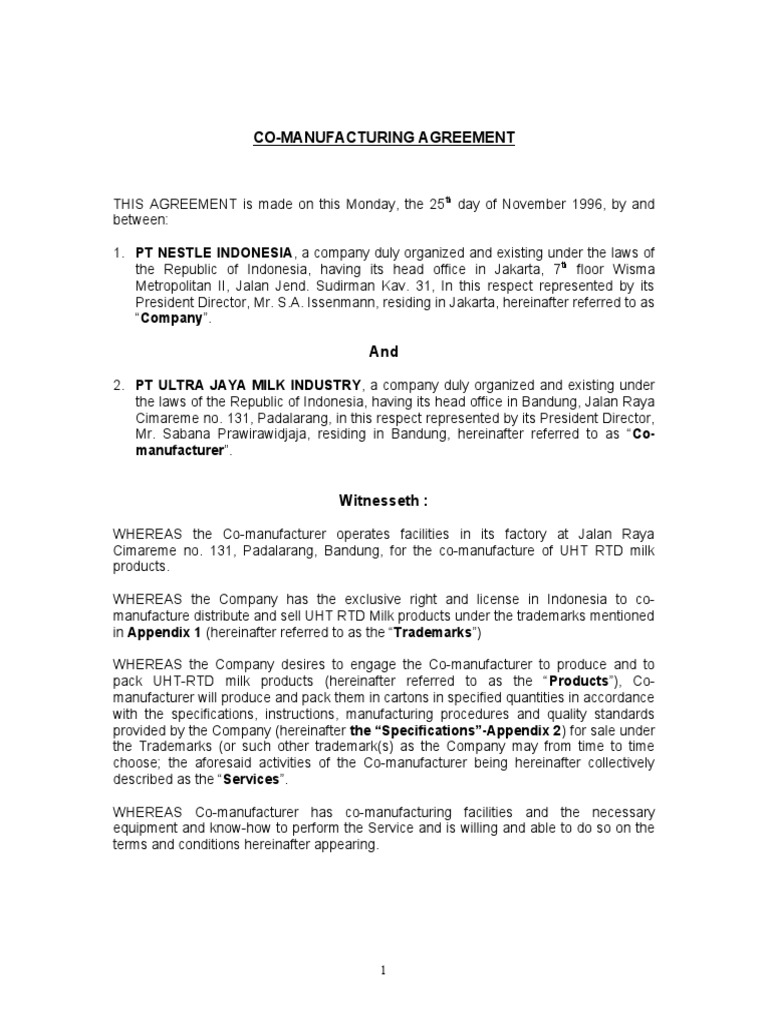 Co - Manufacturing Agreement | PDF | Warehouse | Indemnity