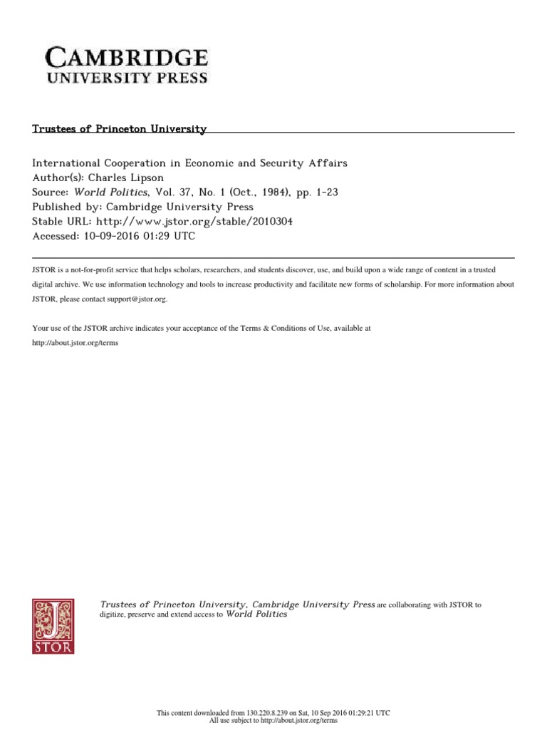 Charles Lipson: International Cooperation in Economic and Security ...