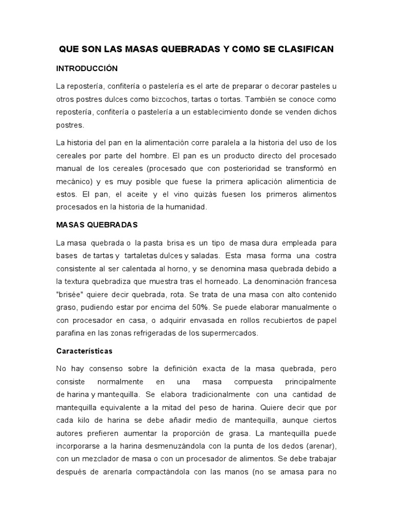 Que Son Las Masas Quebradas y Como Se Clasifican | PDF | Cocina | Cocinando