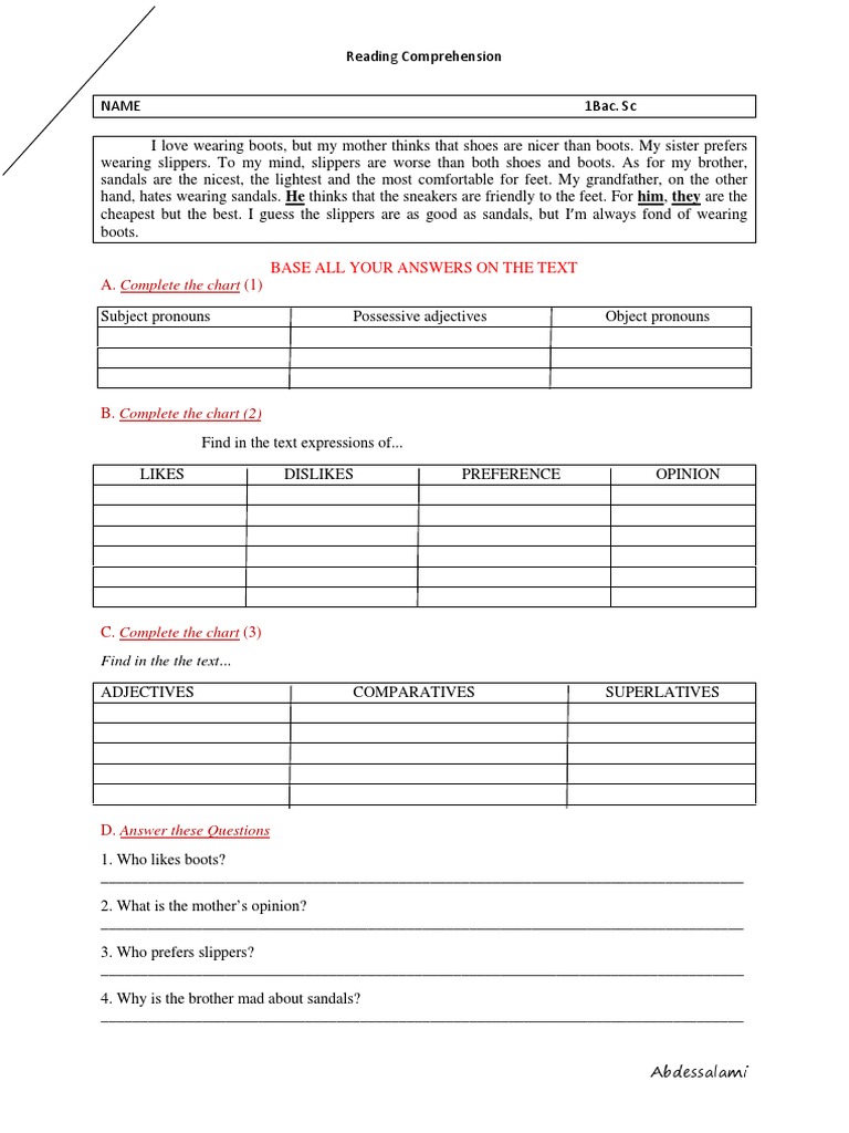 1 Bac Reading Comprehension Footwear | Download Free PDF | Sneakers | Shoe