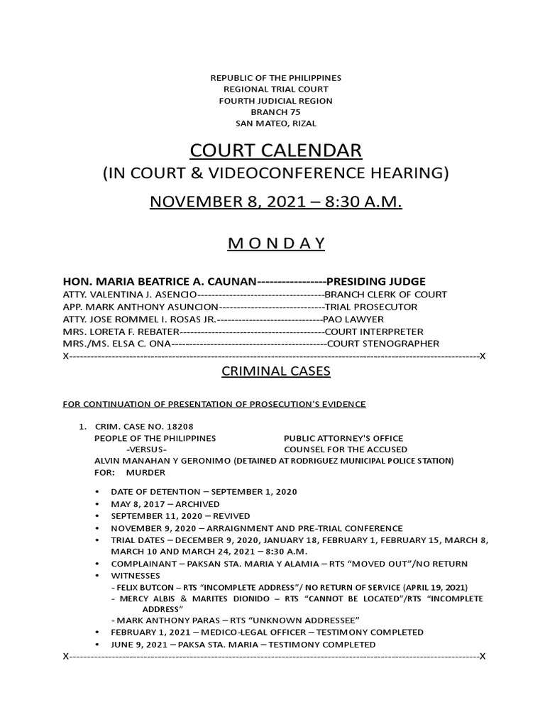 November 2021 Court Calendar - Philippines | PDF | Bail | Prosecutor