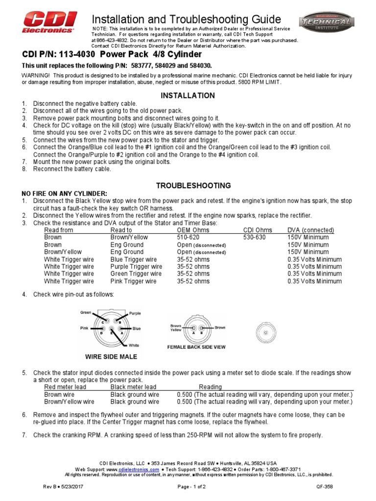 Installation and Troubleshooting Guide: CDI P/N: 113-4030 Power Pack 4/ ...