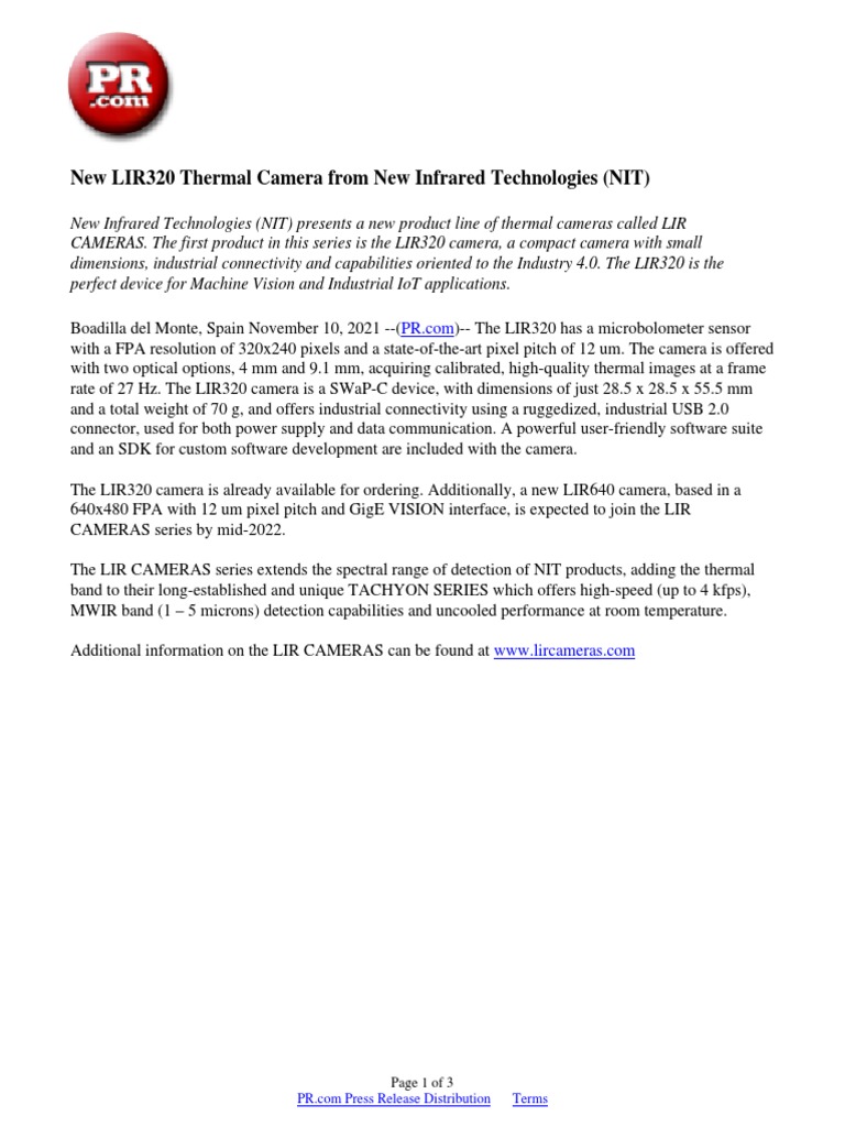 New LIR320 Thermal Camera From New Infrared Technologies (NIT) | PDF | Infrared | Camera