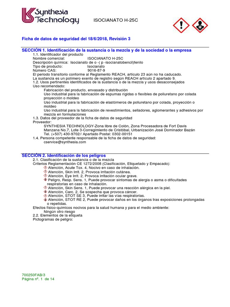 Ficha de Seguridad Isocianato H-25C | PDF | Poliuretano | Alergia