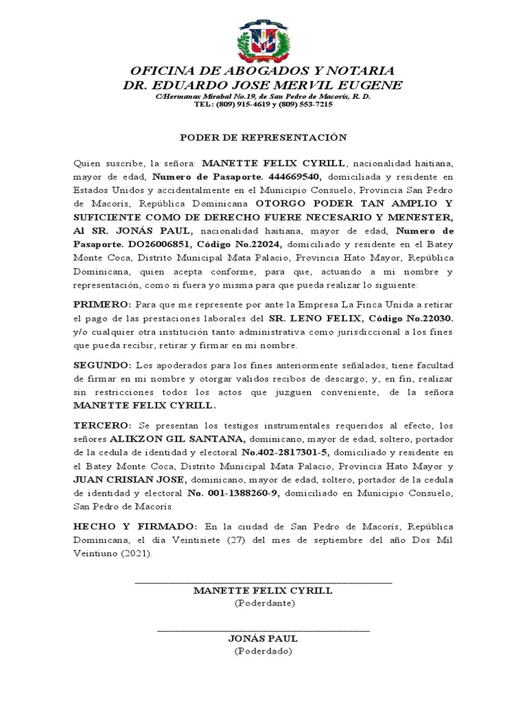Poder de Representacion Cyrill Manette Felix | PDF | República Dominicana