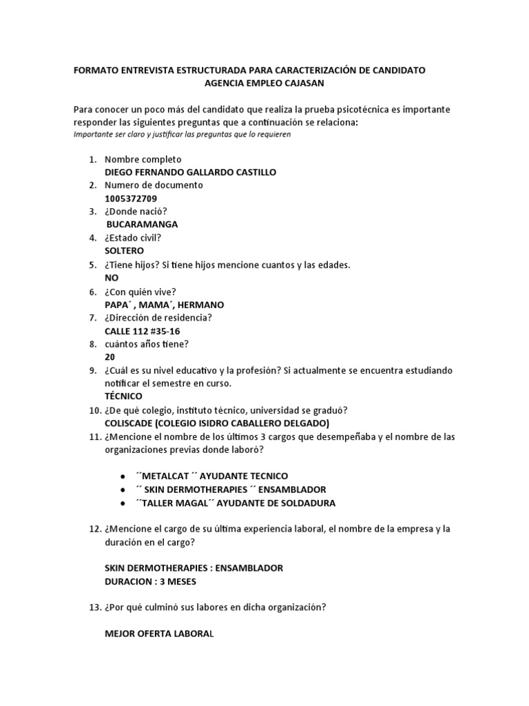 Formato Entrevista Estructurada para Caracterización de Candidato | PDF