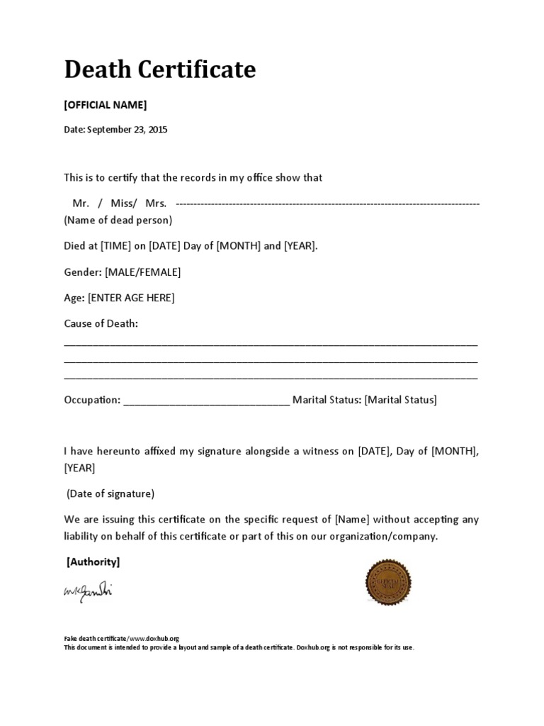 Sample Death Certificate Template | PDF