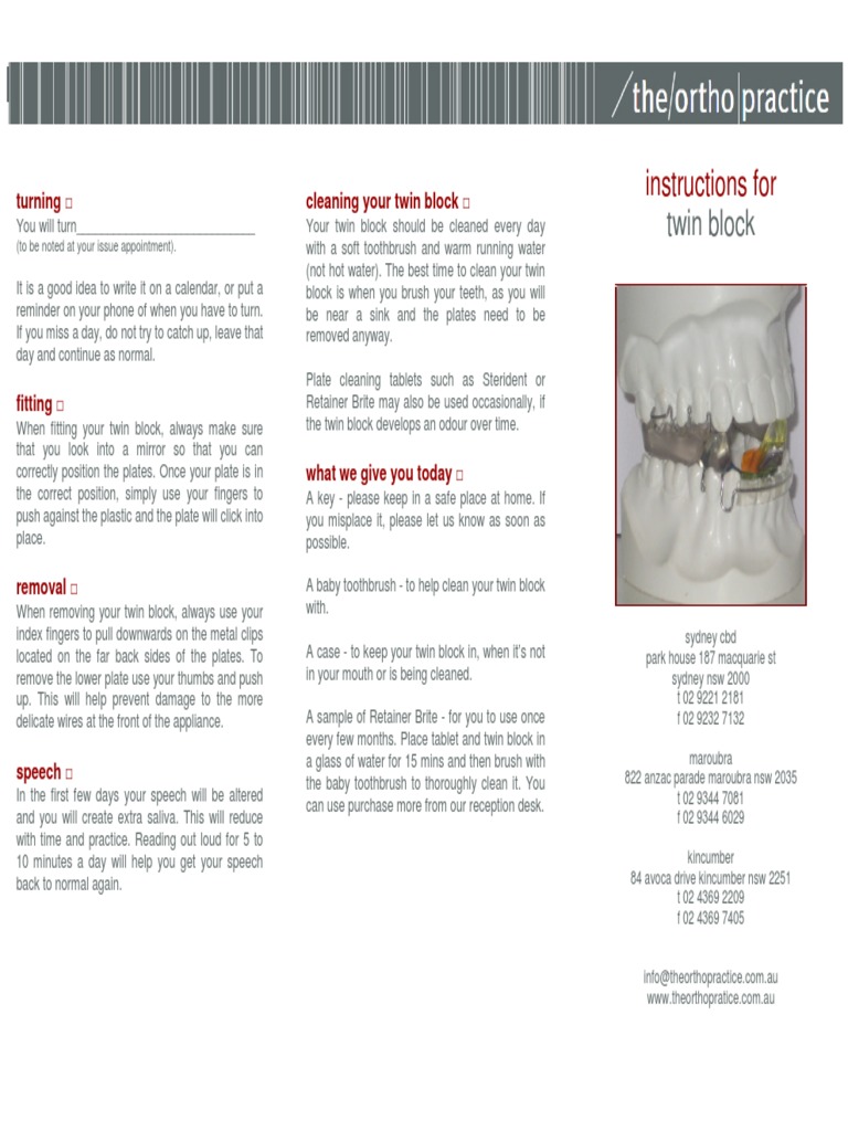 Twin Block Appliance Instructions | PDF | Orthodontics | Dentistry Branches