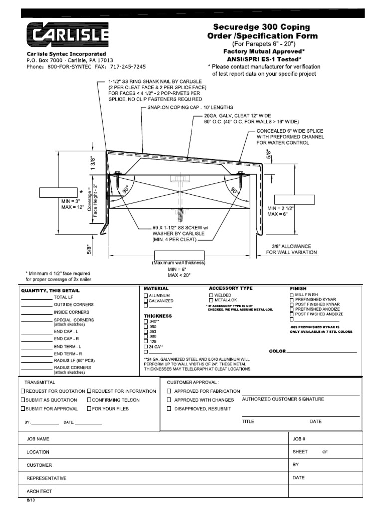 Carlisle SecurEdge Coping 6-20-300 OrderSpec | PDF