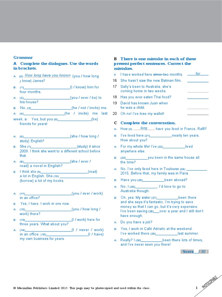 Open Mind Pre-Intermediate Unit 4 Grammar and Vocabulary Test A ...