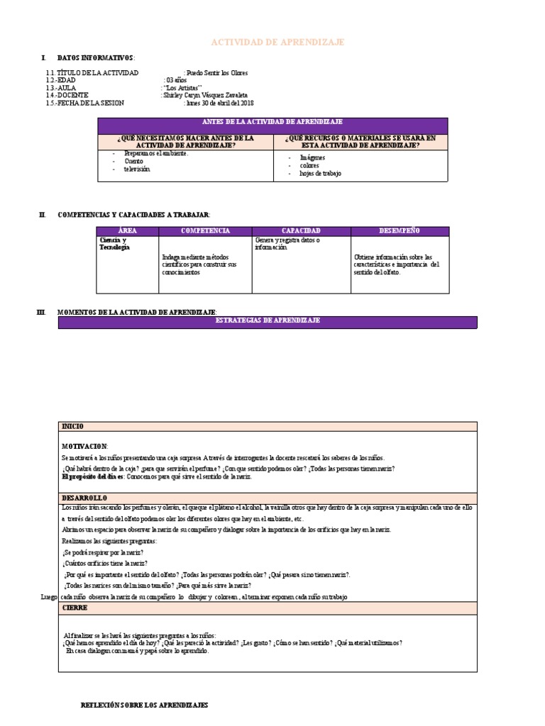 Actividades del Sentido del Olfato | PDF | Aprendizaje