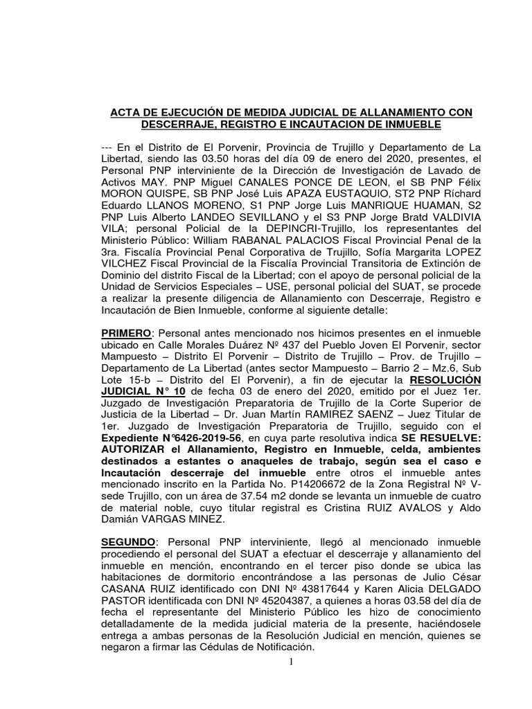 Acta de Ejecucion de Medida Judicial de Allanamiento Con Descerraje 2 - 341 - 0 | PDF | Color