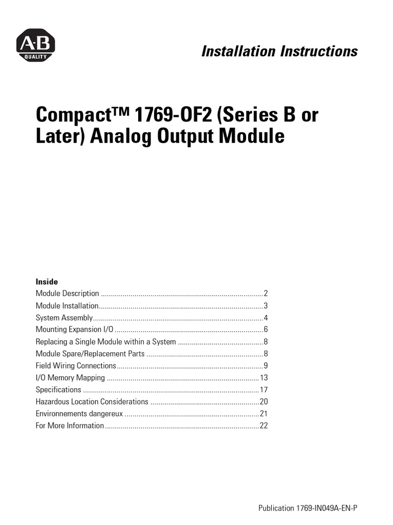 Compact™ 1769-OF2 (Series B or Later) Analog Output Module ...