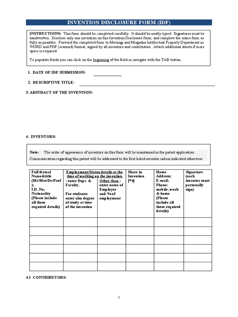 IDF-Template, Invention Disclosure Form | Download Free PDF | Prior Art ...