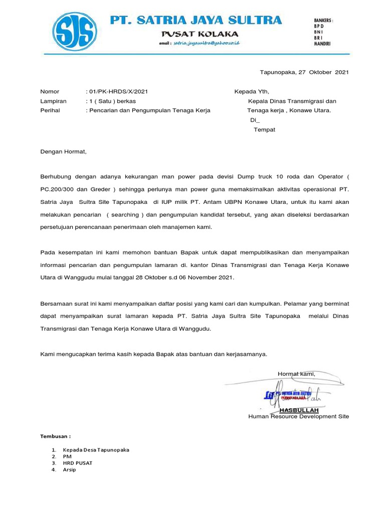 Lowongan Kerja Pt. Sjs Site Tapunopaka | PDF