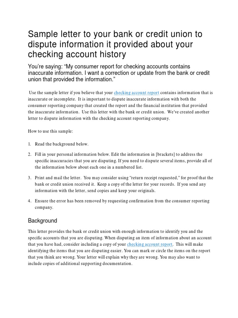 Dispute Letter for Checking Account Errors | PDF | Identity Theft ...