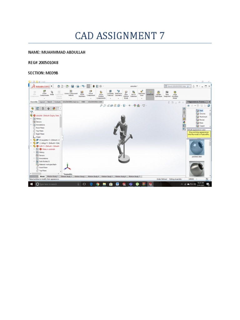 Cad Assignment 7: Name: Muahmmad Abdullah REG# 200501048 Section: Me09B ...
