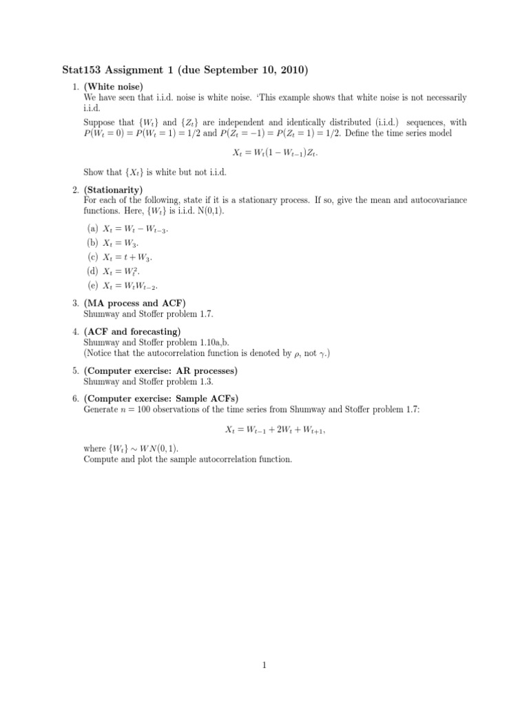 Stat153 Assignment 1 (Due September 10, 2010) : T T T T T T | PDF
