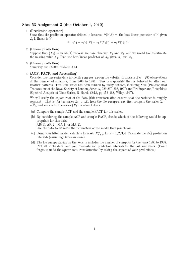Stat153 Assignment 3 (Due October 1, 2010) | PDF