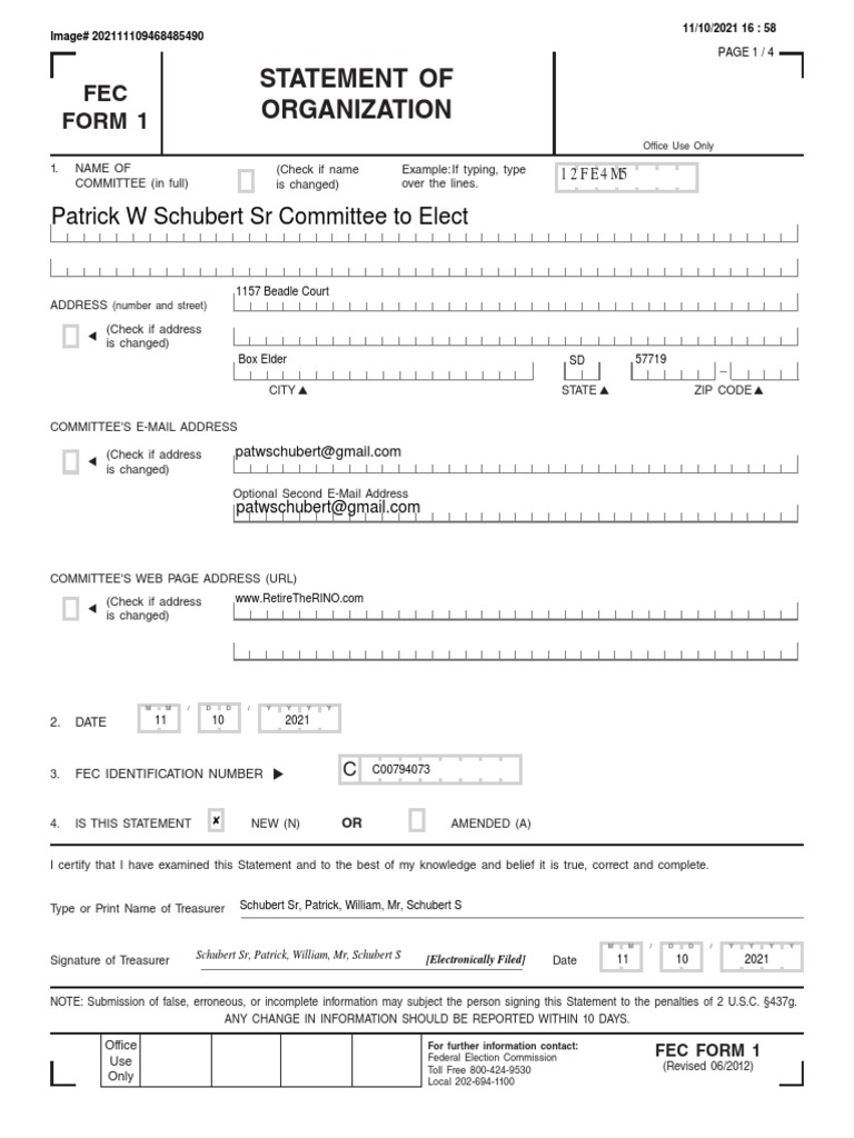 Patrick Schubert FEC Filing | PDF | Political Action Committee | Government