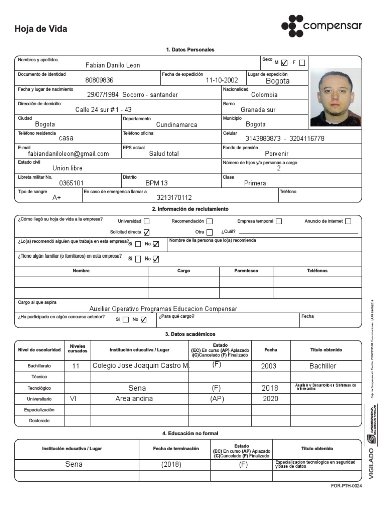 FORMATO COMPENSAR DIligenciado | PDF | Bogotá