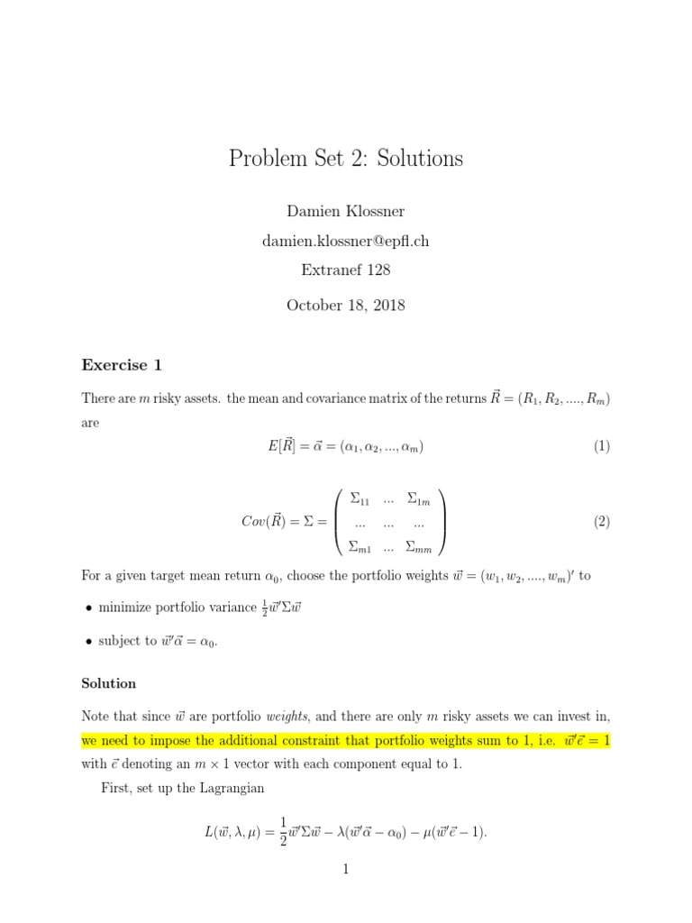 Problem Set 2: Solutions: Damien Klossner Damien - Klossner@epfl - CH Extranef 128 October 18 ...