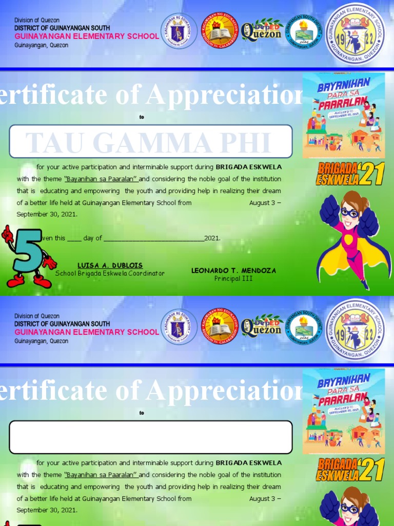 Certificate of Appreciation for Brigada Eskwela | PDF | Wellness | Technology & Engineering