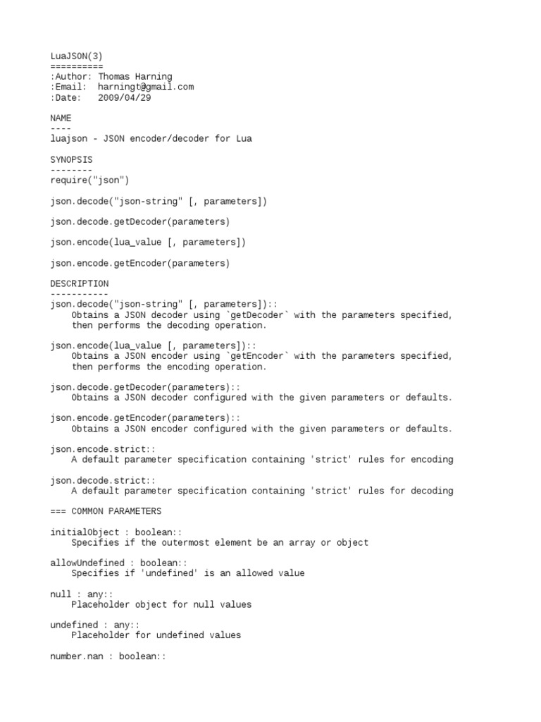 Lua JSON | Download Free PDF | Parameter (Computer Programming) | Boolean Data Type