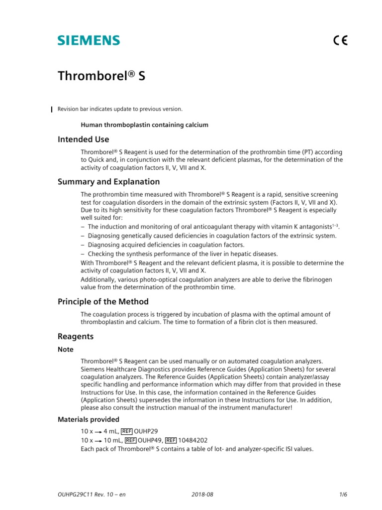 Inserto TP Thromborel S SIEMENS | PDF | Coagulation | Medical Specialties