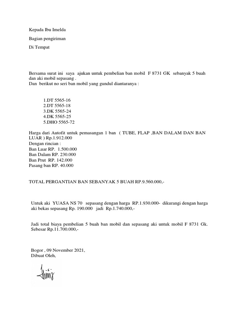 Surat Pengajuaan Ban Dan Aki | PDF