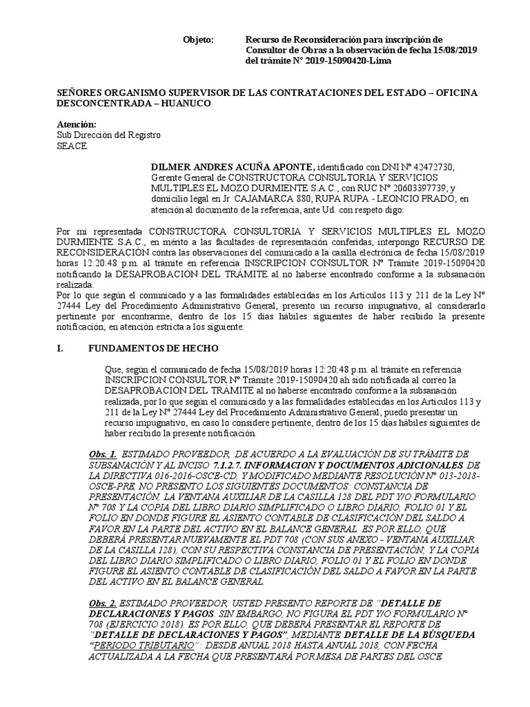 Osce Recurso de Reconsideracion HG Consultor de Obras | PDF | Contabilidad | Servicios financieros