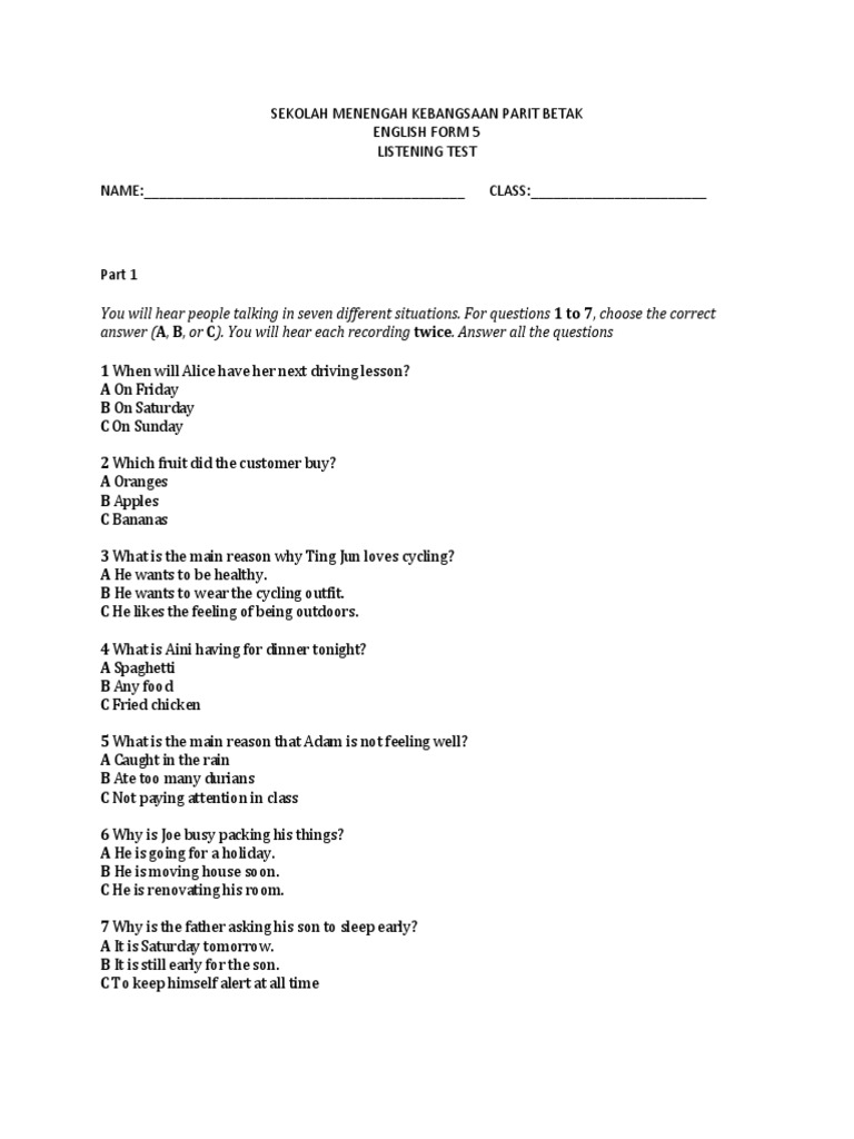Form 5 English Listening Test Guide | PDF | Vietnam