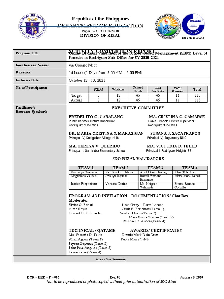 SBM Validation Activity Report 2021 | PDF | Teachers | Evaluation