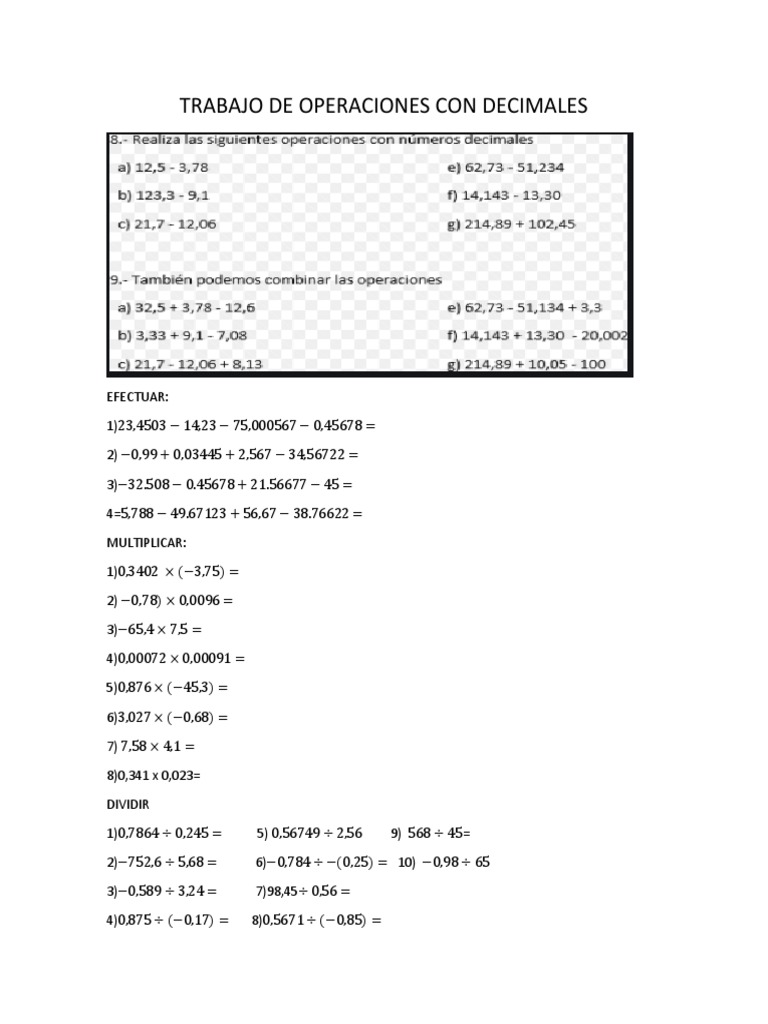 Trabajo de Operaciones Con Decimales | PDF