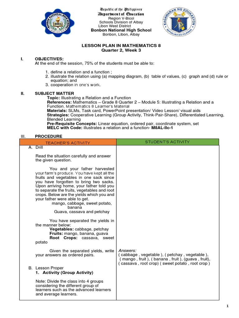 Mfml Lesson Plan In Mathematics 8 Q2 Illustrating A Relation And A