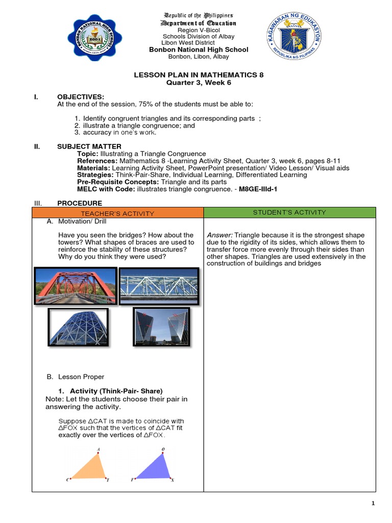 MFML - Lesson Plan in Mathematics 8, Q3 - Illustrating A Triangle ...