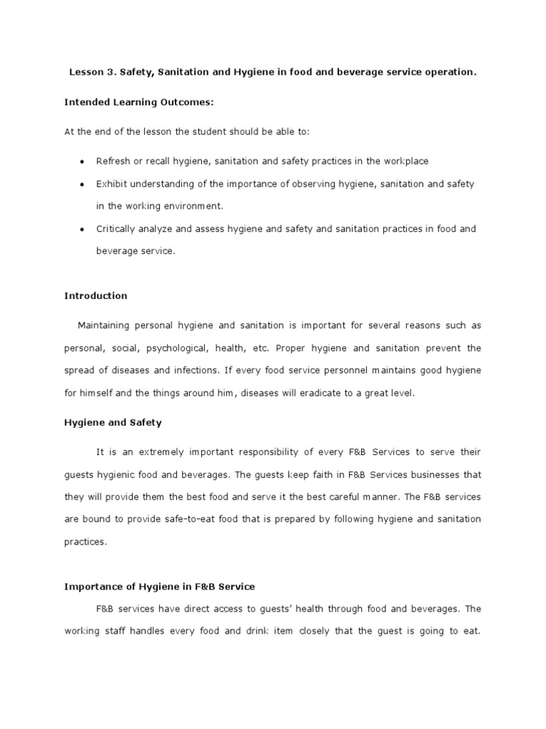 Lesson 3. Safety, Sanitation and Hygiene in Food and Beverage Service ...