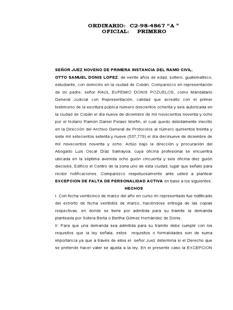 Excepcion de Falta de Personalidad | PDF | Demanda judicial | Gobierno