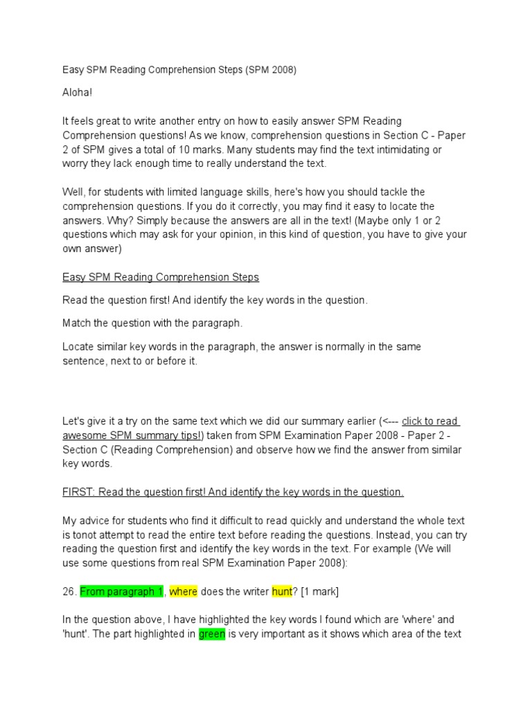 SPM Reading Comprehension Steps | PDF | Reading Comprehension | Question