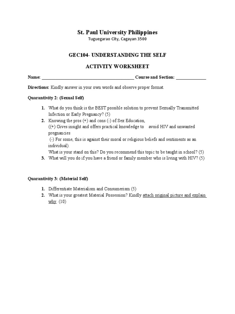 GEC104: Understanding the Self Activity | PDF