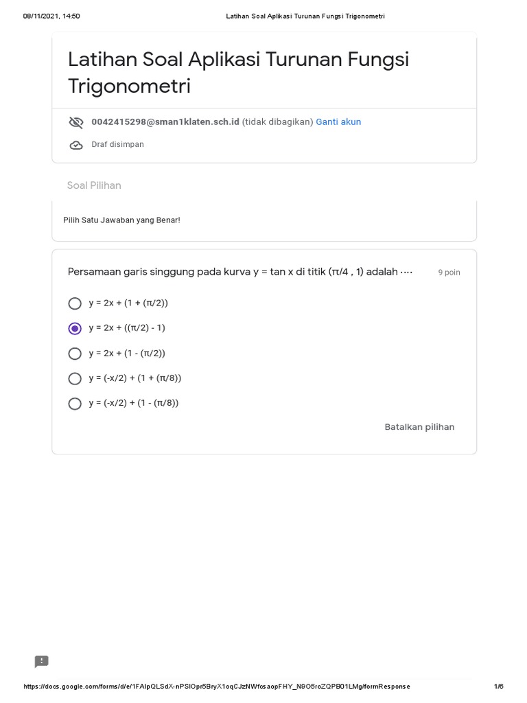 Latihan Soal Aplikasi Turunan Fungsi Trigonometri | PDF