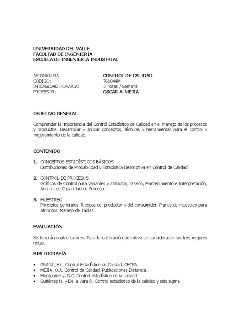 Programa Control de Calidad | PDF