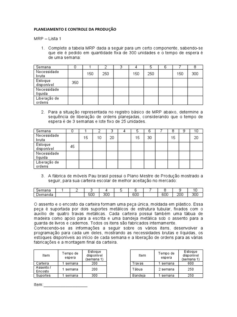 Exercício MRP PCP 1 | PDF
