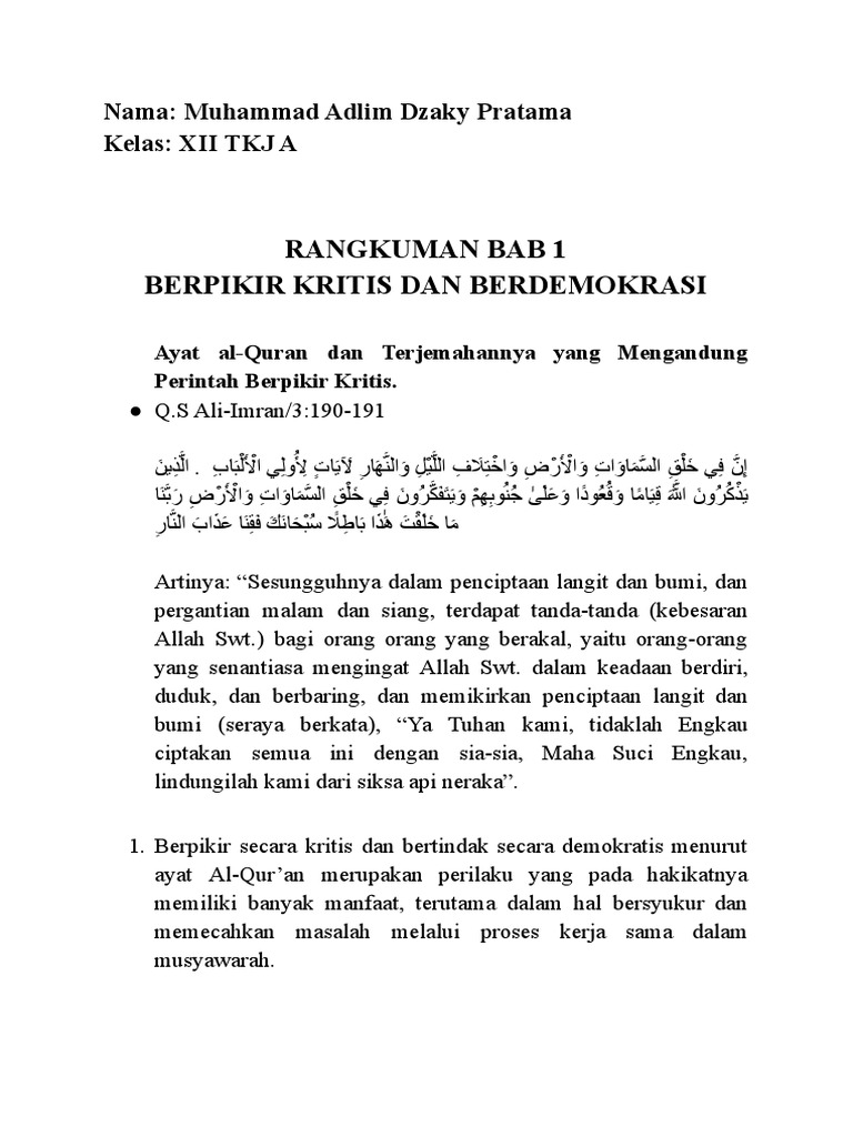 Rangkuman Bab 1 Berpikir Kritis Dan Berdemokrasi: Nama: Muhammad Adlim Dzaky Pratama Kelas: Xii ...