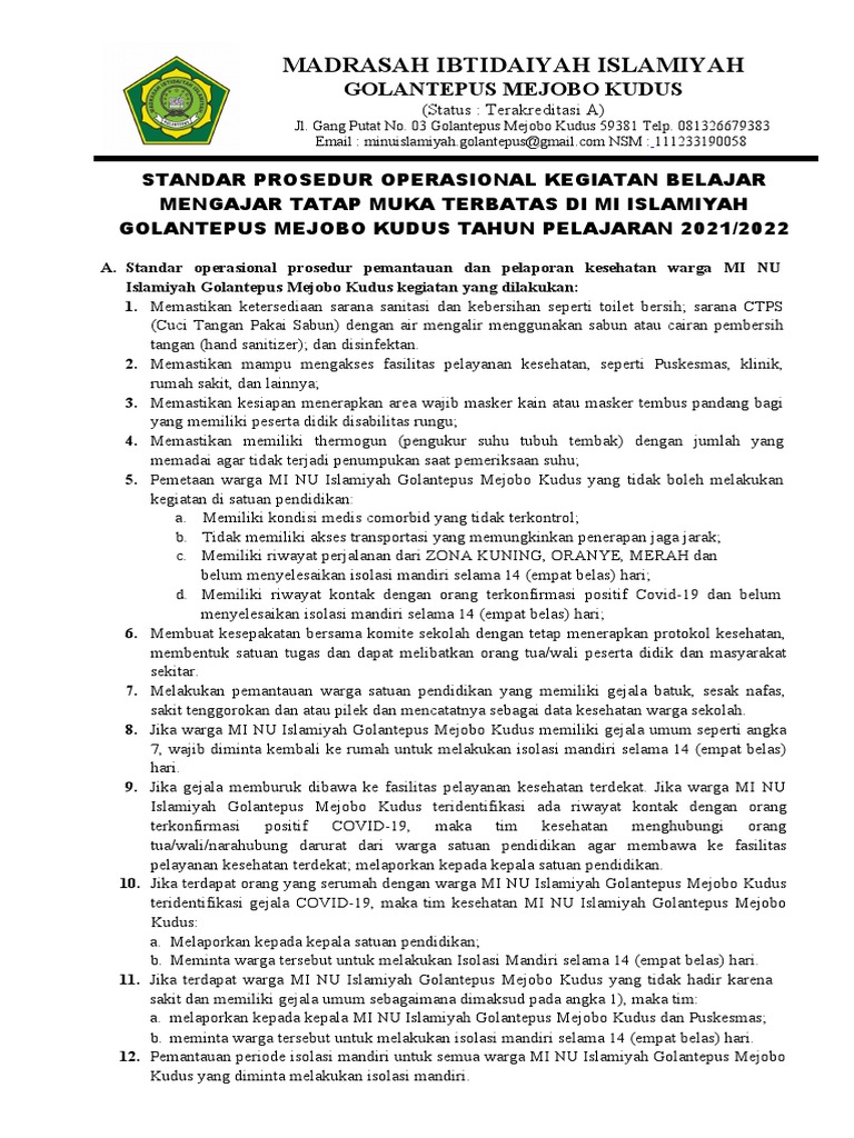Sop KBM Tatap Muka Terbatas | PDF