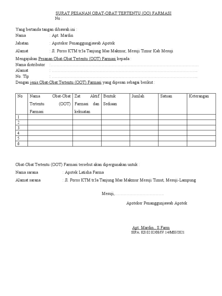 Surat Pesanan Obat Tertentu Farmasi | PDF