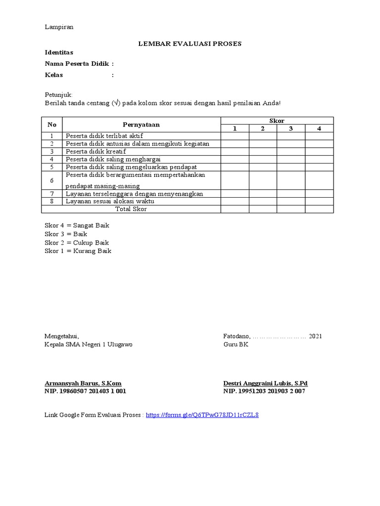Lembar Evaluasi Proses Dan Hasil | PDF