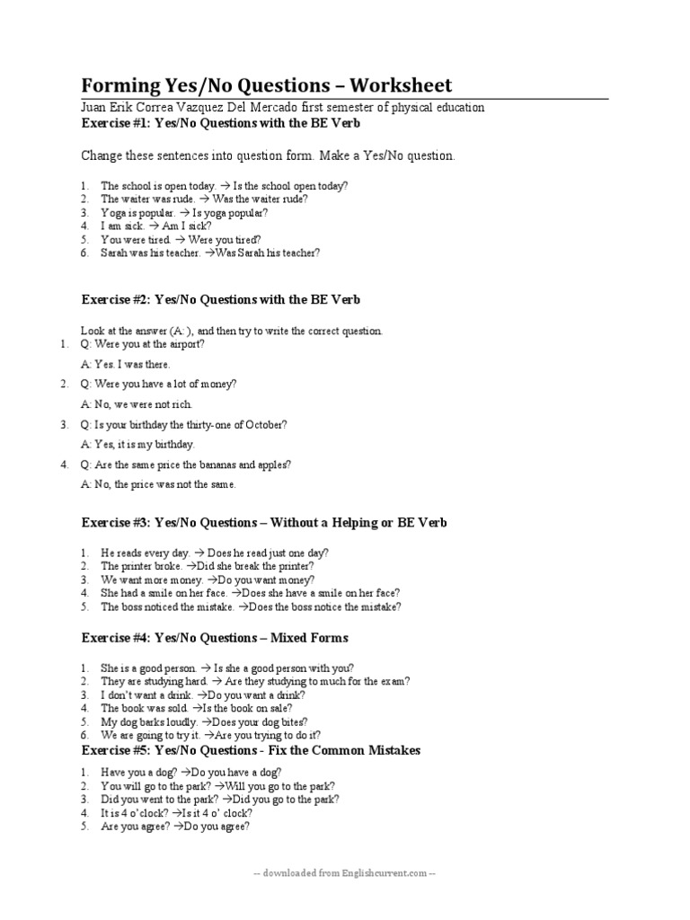 Yes/No Questions Worksheet | PDF