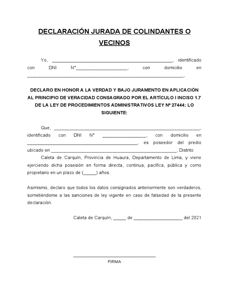 Modelo de Declaración Jurada de Colindantes | PDF | Derecho